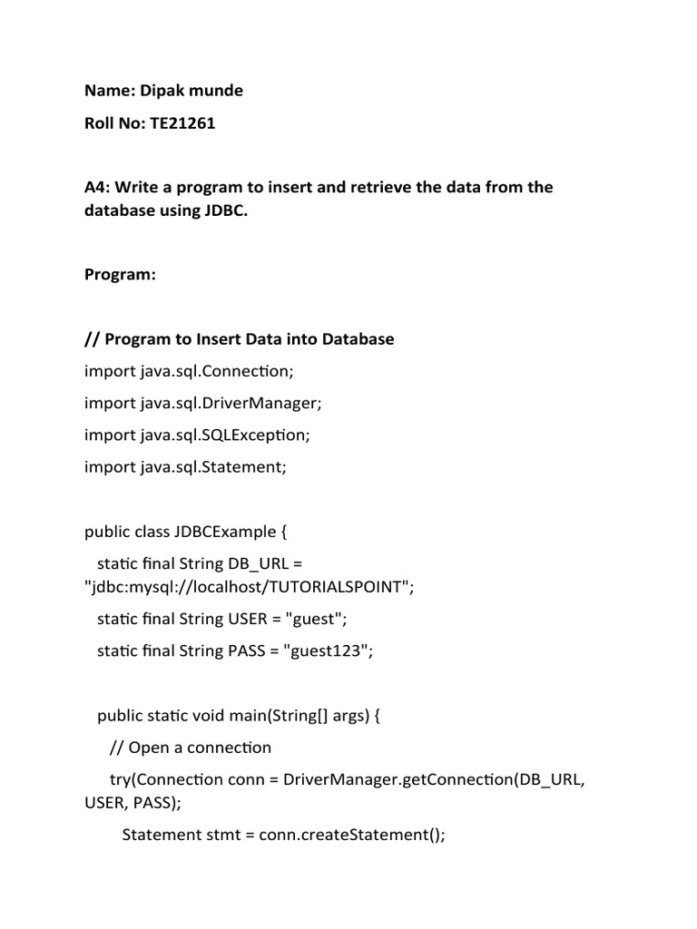 Name: Dipak Munde Roll No: TE21261 A4: Write A Program To Insert and Retrieve The Data From The ...