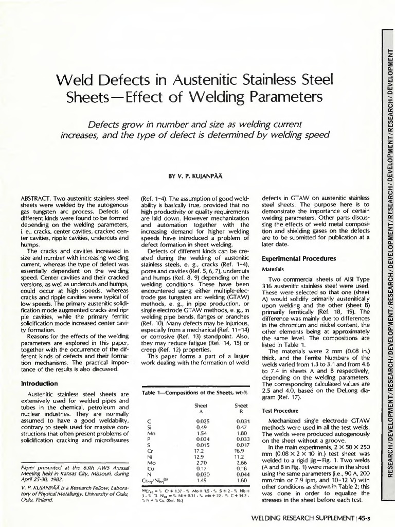 Weld Defects in Austenitic Stainless Steel Sheets-Effect of Welding ...