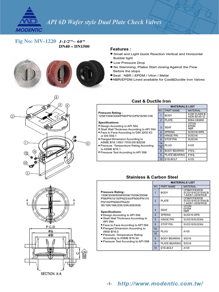 API 6D Wafer Style Dual Plate Check Valves: Fig No: MV-1220 | PDF | Building Engineering | Civil ...