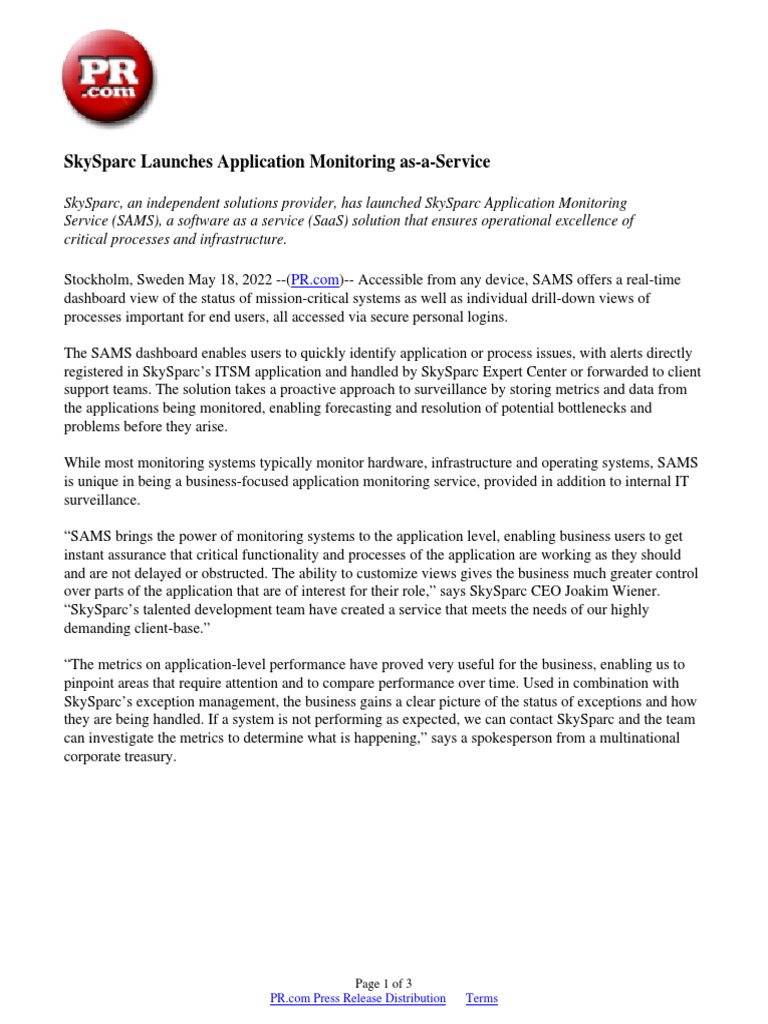 SkySparc Launches SAMS for App Monitoring | PDF | Software As A Service ...
