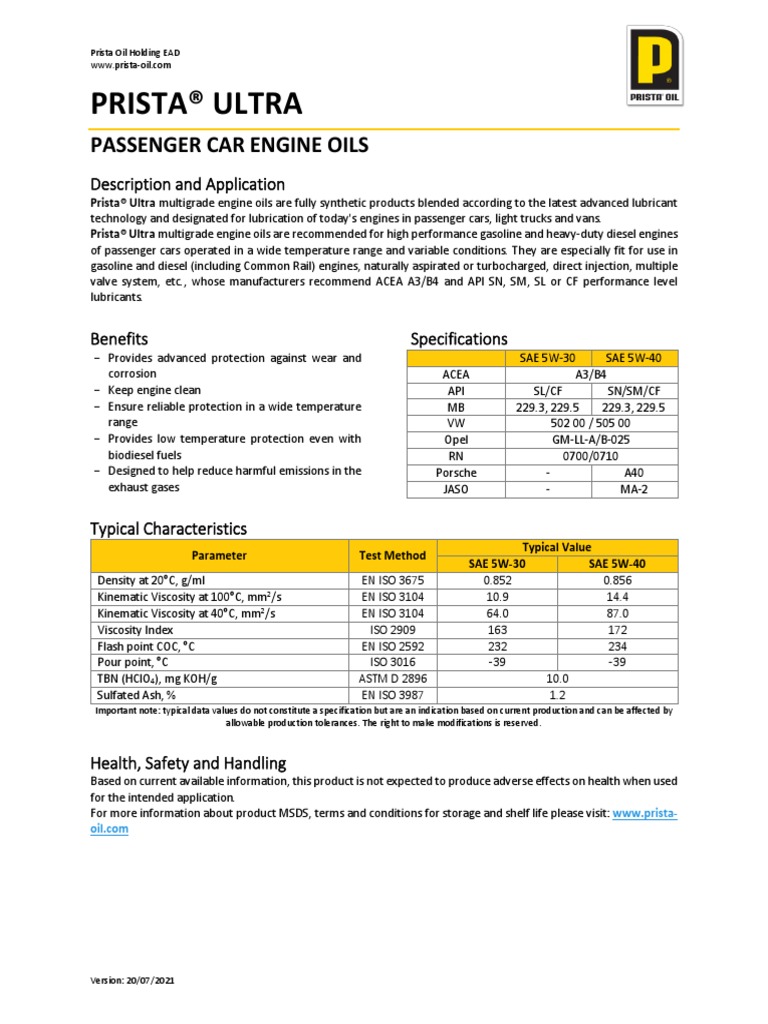 Prista® Ultra: Passenger Car Engine Oils | PDF | Motor Oil | Vehicle ...