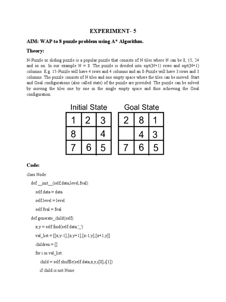 Experiment-5: AIM: WAP To 8 Puzzle Problem Using A Algorithm. Theory ...