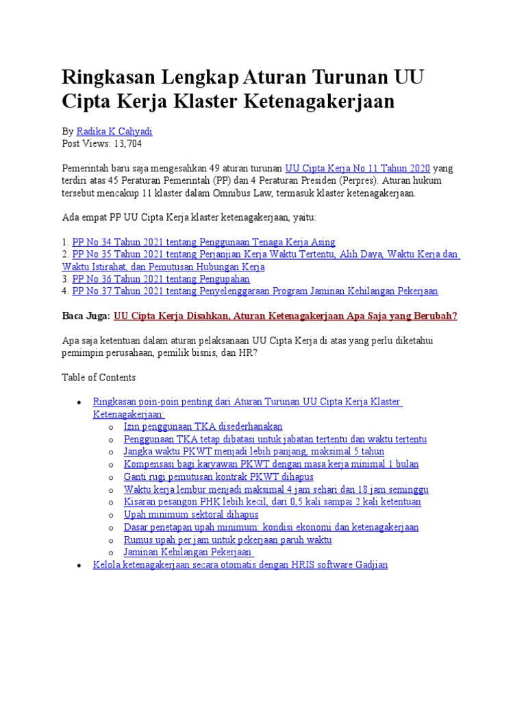 Ringkasan Lengkap Aturan Turunan UU Cipta Kerja Klaster Ketenagakerjaan | PDF