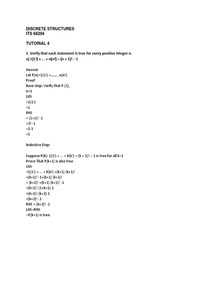 Discrete Structures ITS 66204 Tutorial 4 1. Verify That Each Statement Is True For Every ...