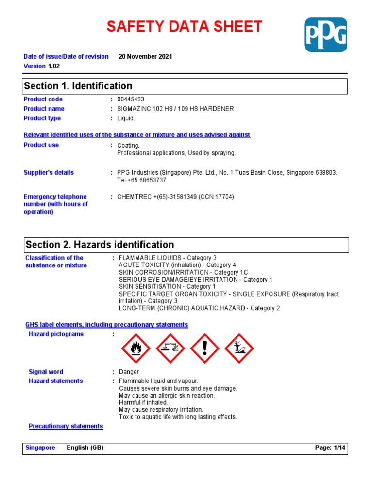 Safety Data Sheet for SigmaZinc 102 HS / 109 HS Hardener: A Highly Corrosive and Flammable ...