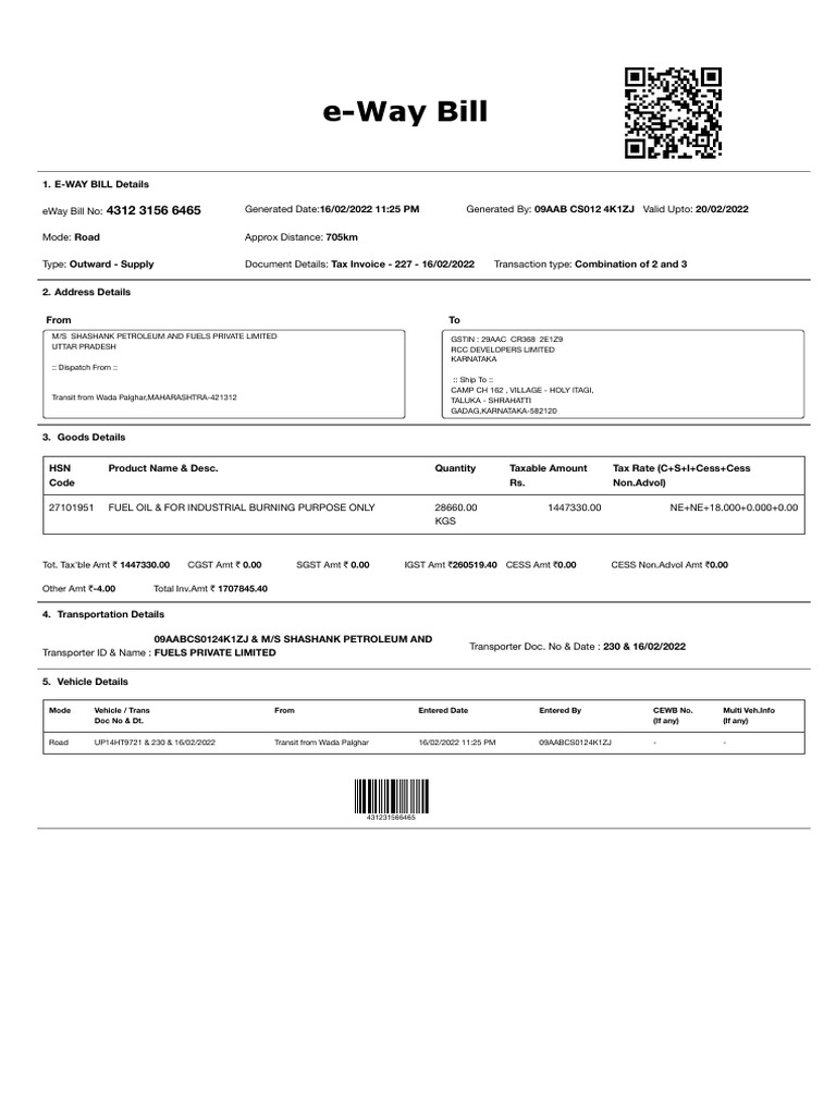 E-Way Bill: Mode Vehicle / Trans Doc No & Dt. From Entered Date Entered ...
