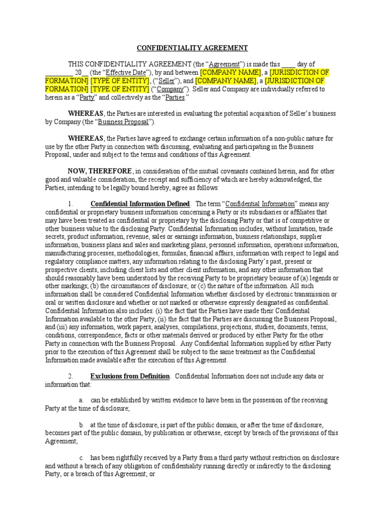 M - A CDA Template | PDF | Confidentiality | Legal Remedy