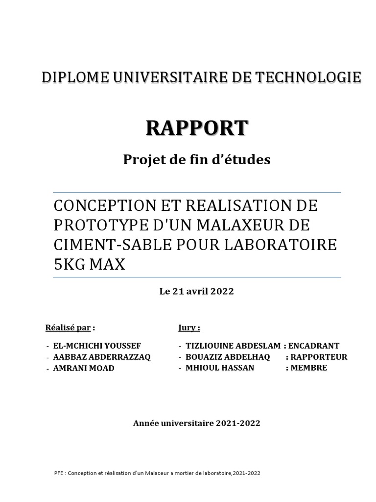 PFE: Conception Et Réalisation Dun Malaxeur de Ciment-Sable Pour Laboratoire 5kg Max | PDF ...