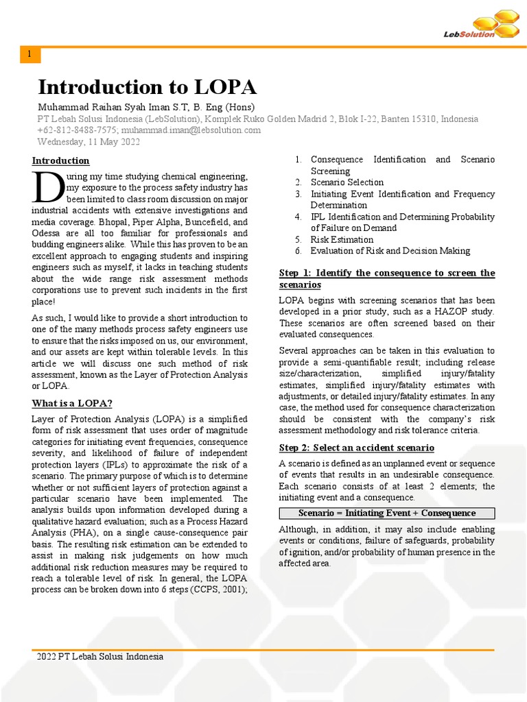 An Introduction to Layer of Protection Analysis (LOPA): A Risk ...