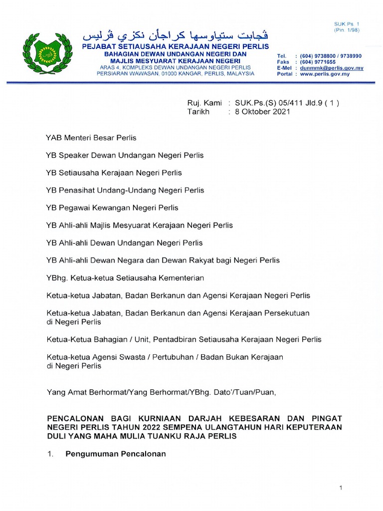 Surat Pencalonan Darjah Kebesaran Dan Pingat | PDF