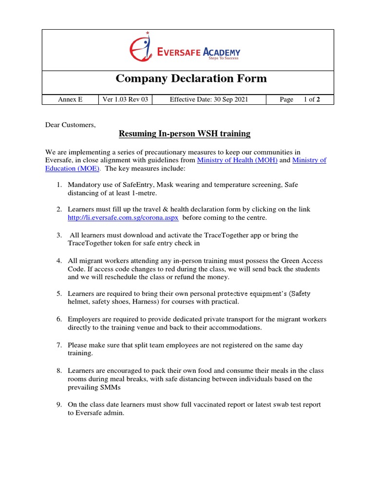 Company Declaration Form: Resuming In-Person WSH Training | PDF ...