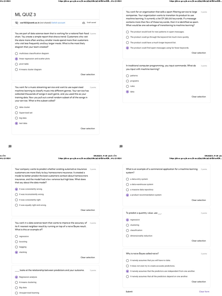 ML Quiz 3 | PDF | Machine Learning | Prediction
