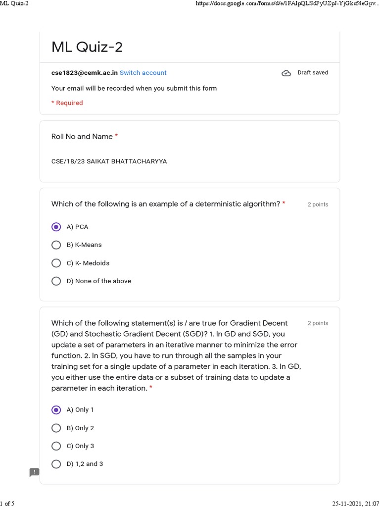 ML Quiz-2 | PDF | Type I And Type Ii Errors | Statistics