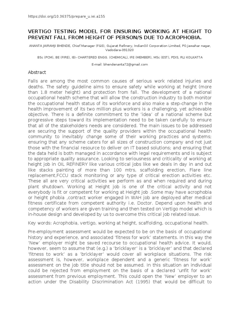 Vertigo Test | PDF | Occupational Safety And Health | Employment