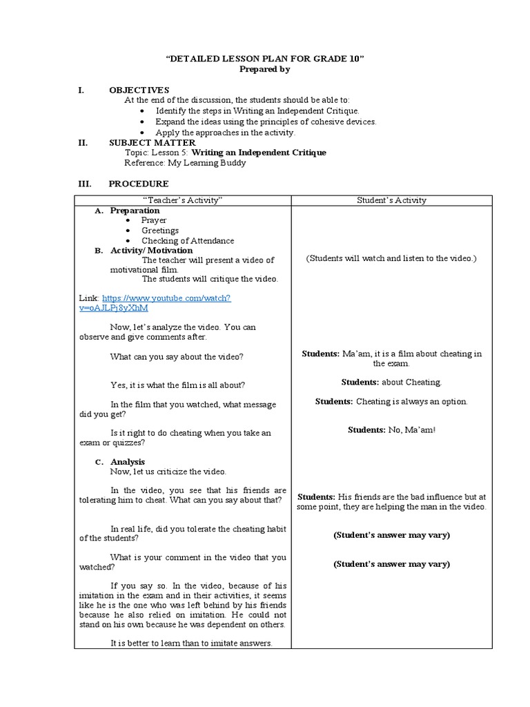 Lesson Plan About Writing An Independent Critique | PDF | Essays | Feminism