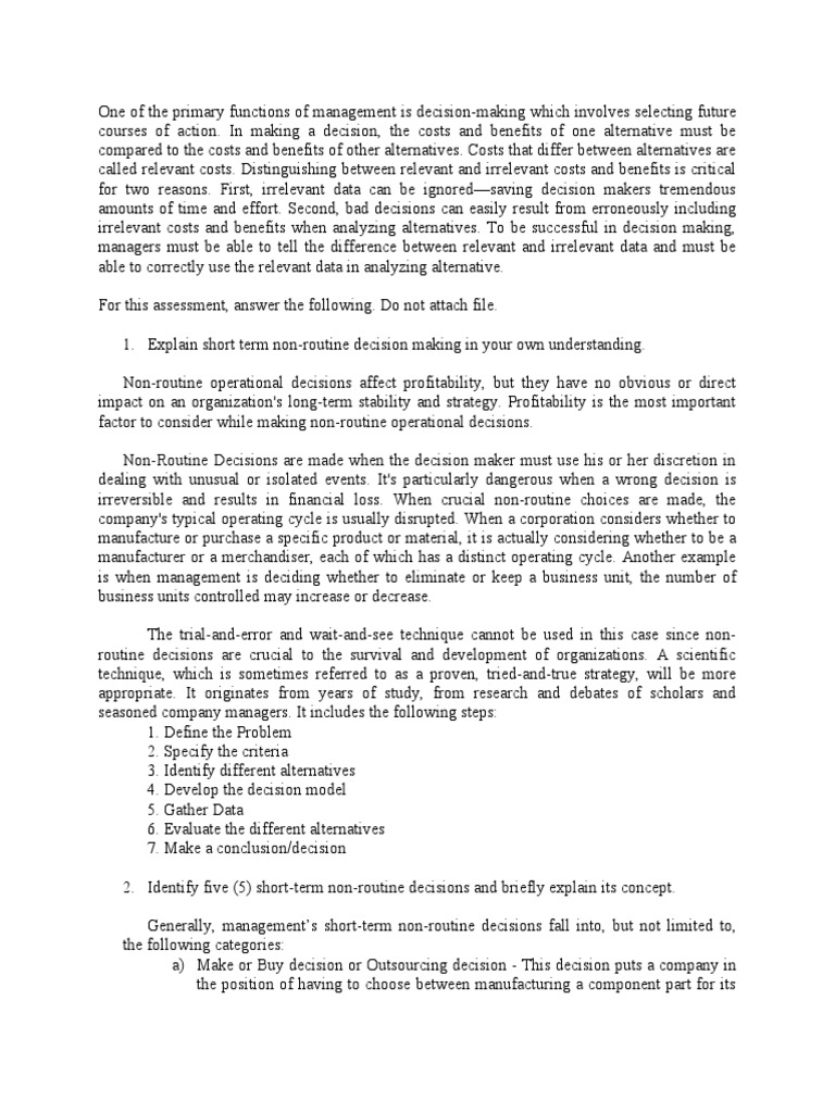Non-Routine Decision Making - Activity | PDF | Decision Making | Cost ...