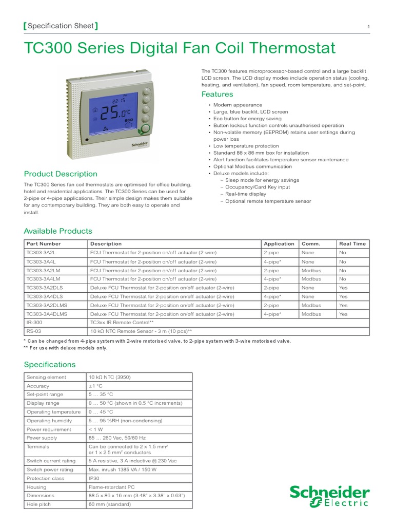 TC300 Series Digital Fan Coil Thermostat: Features | PDF | Thermostat | Electrical Engineering