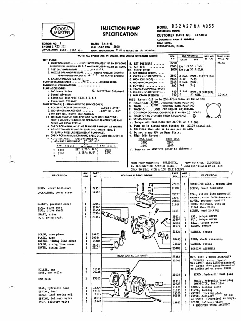 Injection Pump Specification: Roosa Master Model Db2427Ma 4055 Wfluslws Modfl | PDF | Pump ...