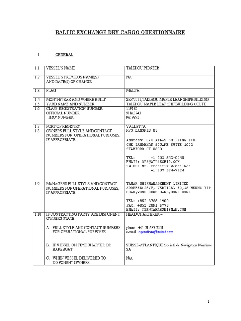 Baltic Exchange Dry Cargo Questionnaire | PDF | Panama Canal | Crane ...