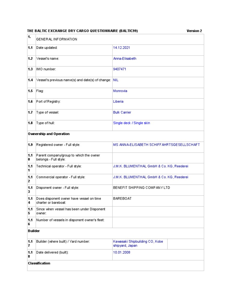 Baltic99 Questionnaire for Anna-Elisabeth | PDF | Tonnage | Crane (Machine)