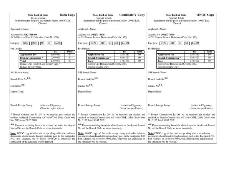 State Bank of India-Challan Triplicate | PDF | Money | Economy Of India
