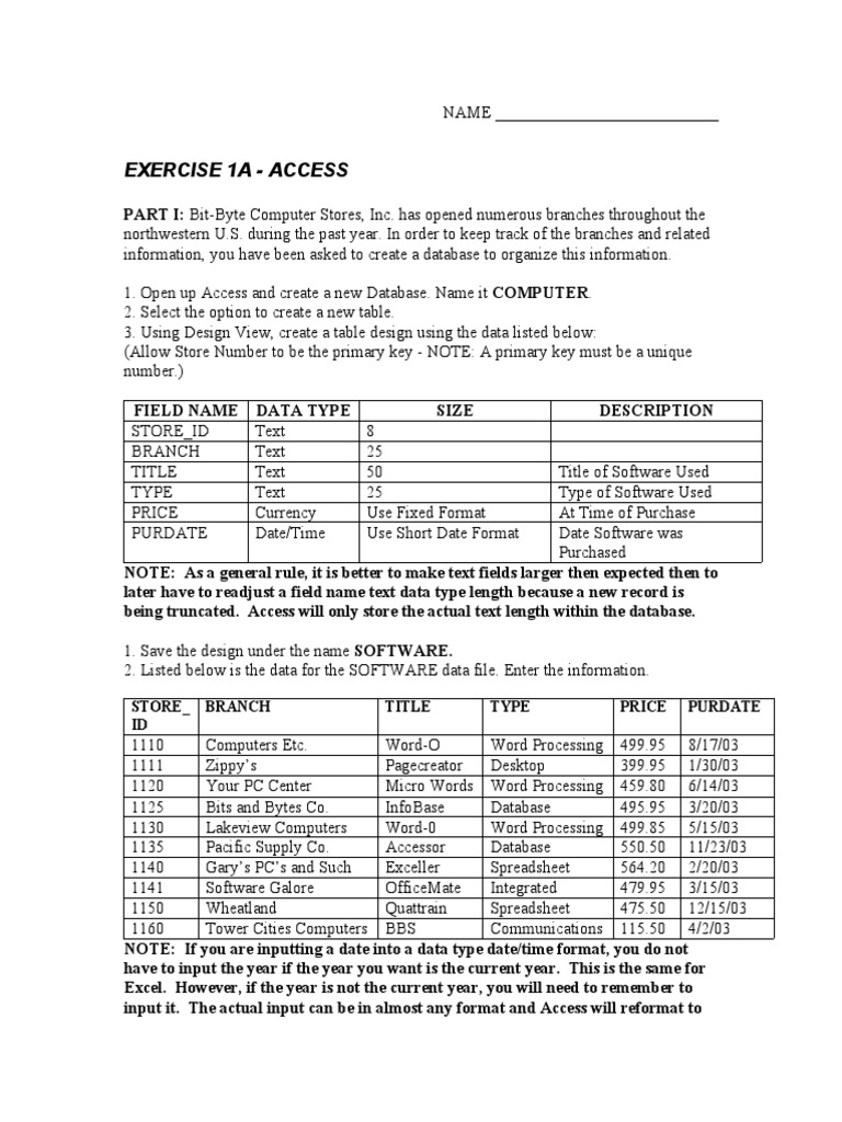 Access Exercises | PDF | Databases | Spreadsheet