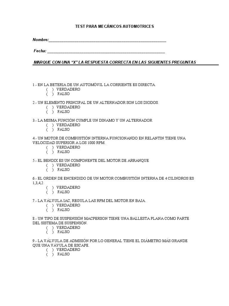 Test para Mecánicos Automotrices | PDF