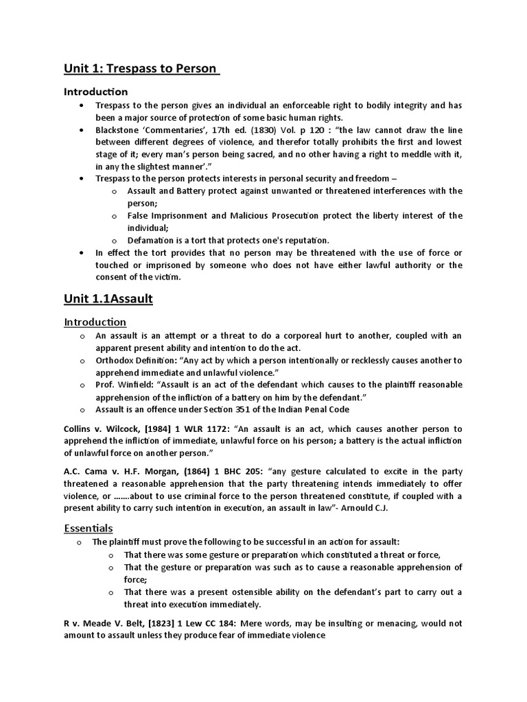 Unit 1: Trespass To Person | PDF | Trespass | Assault