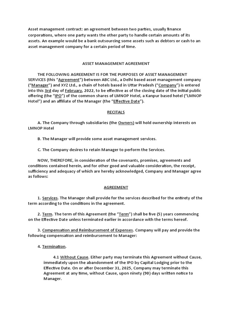 Asset Management Contract | PDF | Indemnity | Legal Concepts