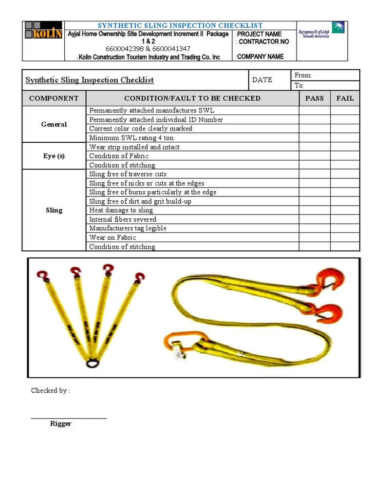 FC 4.1.6 - Synthetic Sling Inspection Checklist Form | PDF | Business | Home & Garden