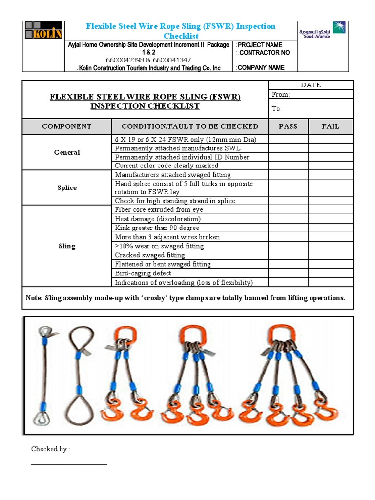 FC 4.1.5 - Flexible Steel Wire Rope Sling (FSWR) Inspection Checklist Form | PDF