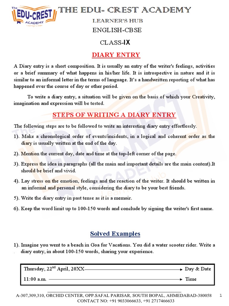 Diary Entry: English-Cbse Class-Ix | PDF | Writers