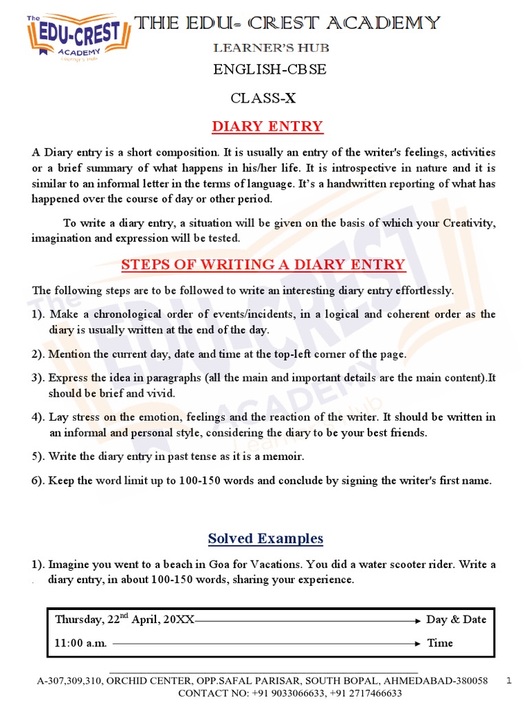 Diary Entry: English-Cbse Class-X | PDF | Writers | Cognition
