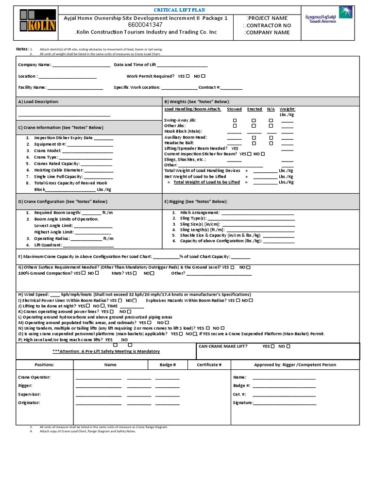 FC 4.1.8 - Critical Lift Plan | PDF | Crane (Machine) | Equipment