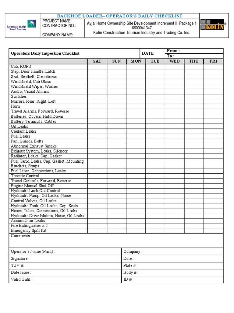 FC 4.1.13 - Backhoe Loader Operator's Checklist Form | PDF | Technology ...