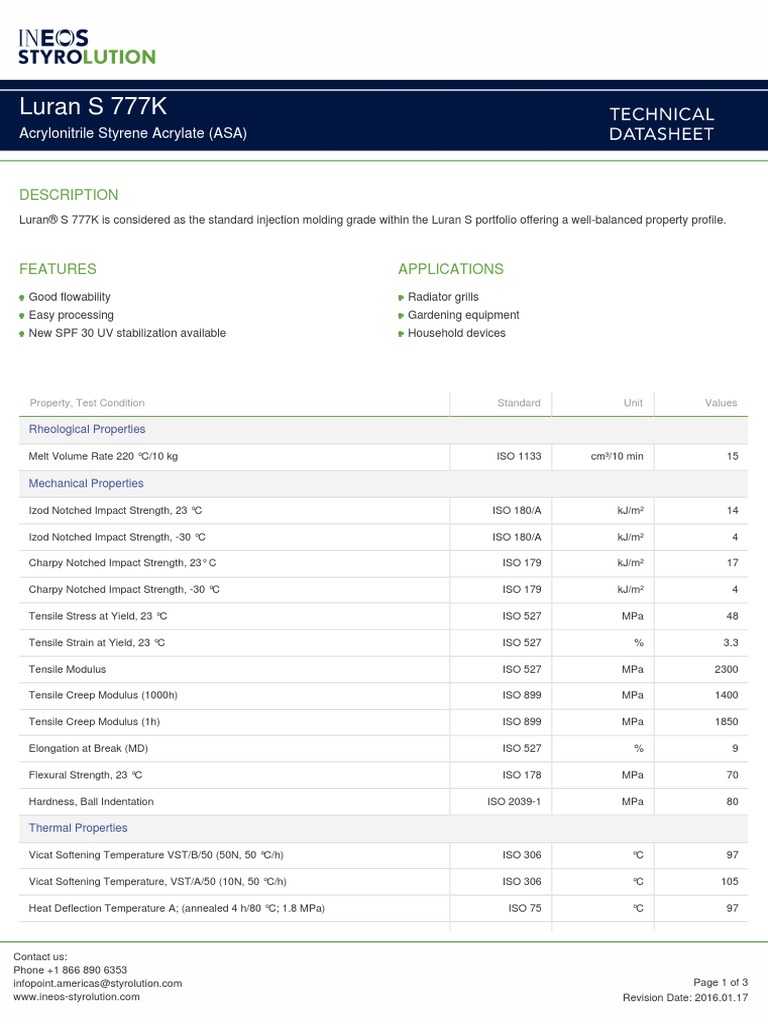 Luran S 777K: Acrylonitrile Styrene Acrylate (ASA) | PDF | Film Speed ...