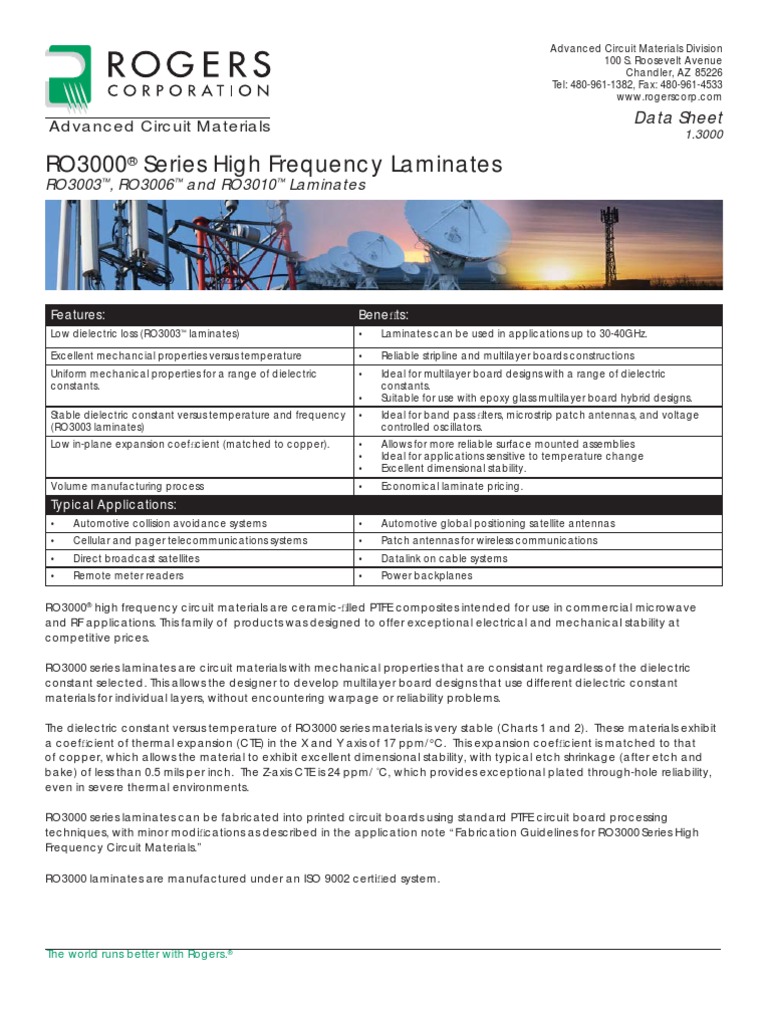 RO3000 Laminate Data Sheet - RO3003, RO3006, RO3010 | PDF | Printed ...