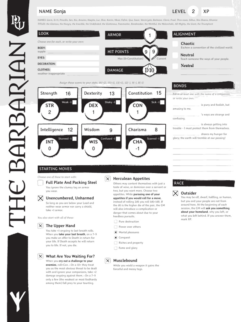 Dungeon World Play Sheets v2.4 Barbarian Fillable | PDF