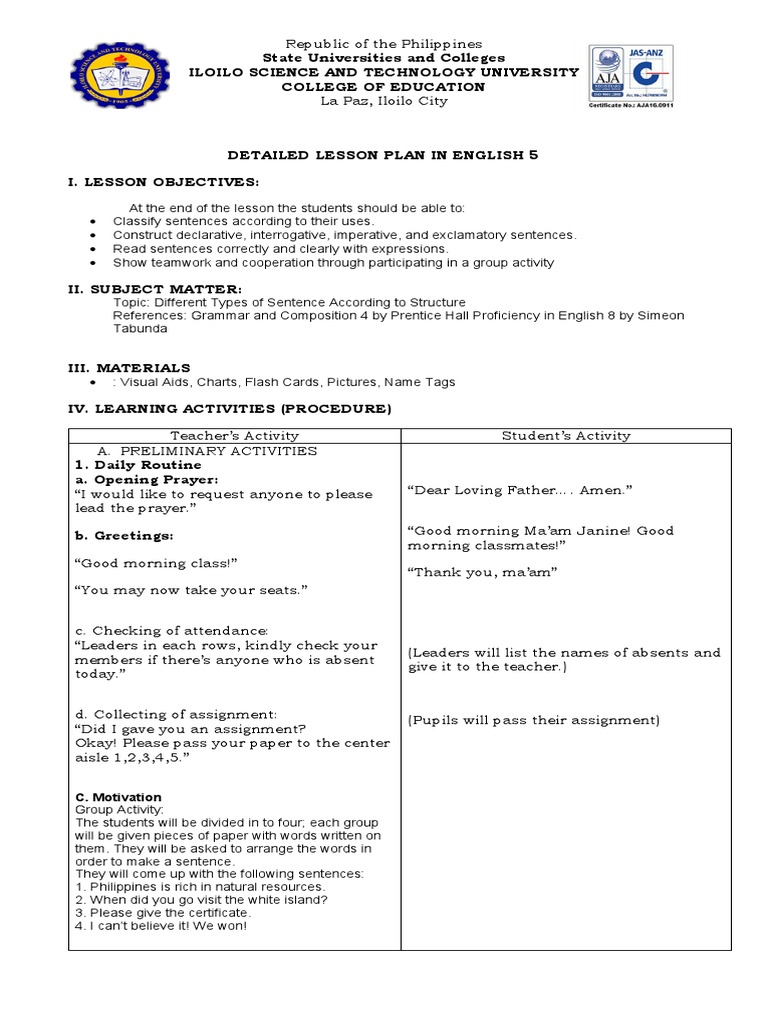 Types of Sentences Lesson Plan | PDF | Question | Sentence (Linguistics)