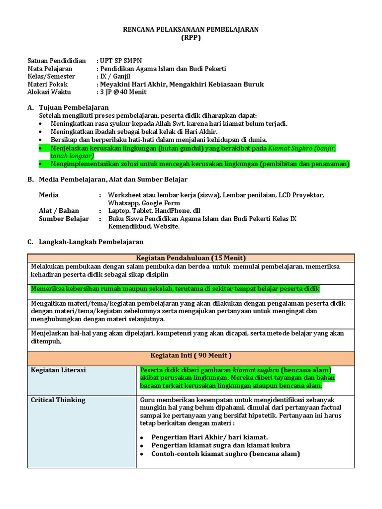 RPP PAI Adiwiyata Kelas 9 | PDF