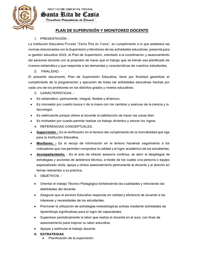 Plan de Supervisión y Monitoreo Docente | PDF | Maestros | Evaluación