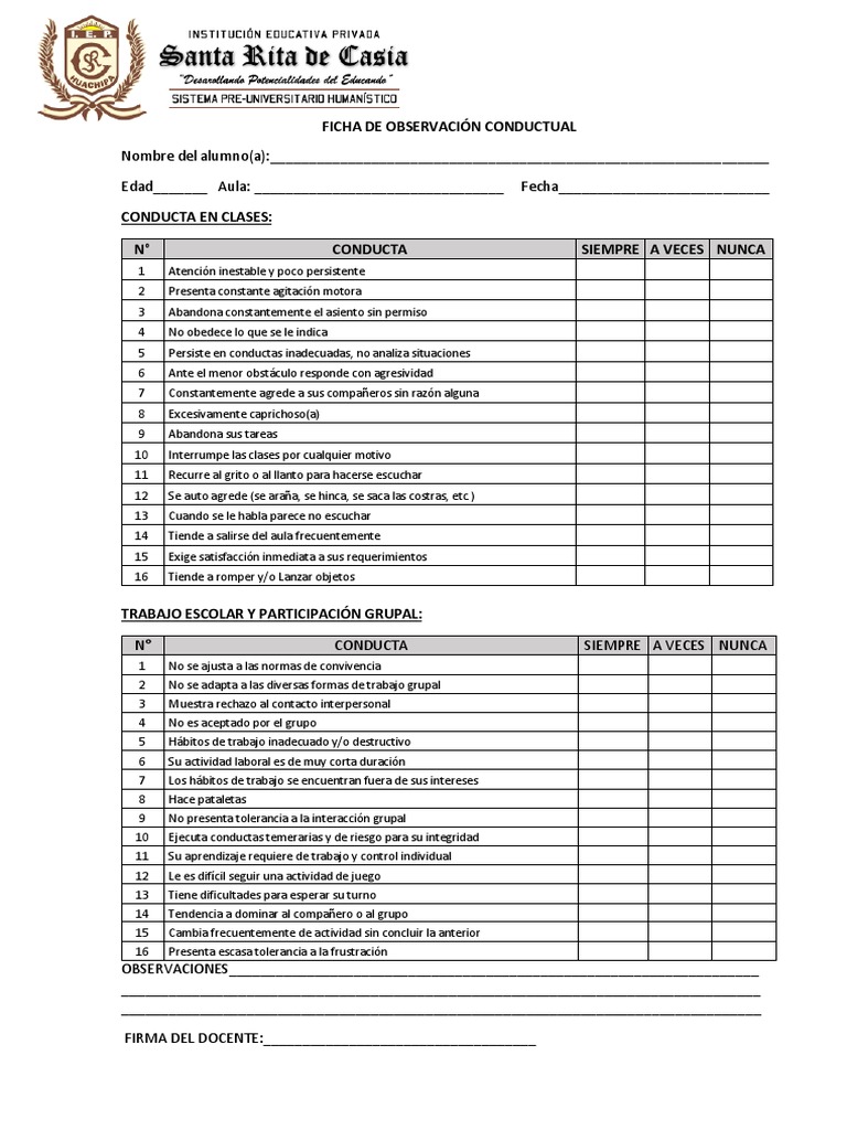 Ficha de Observacion de Conducta - Inicial y Primaria | PDF | Cognición | Comportamiento