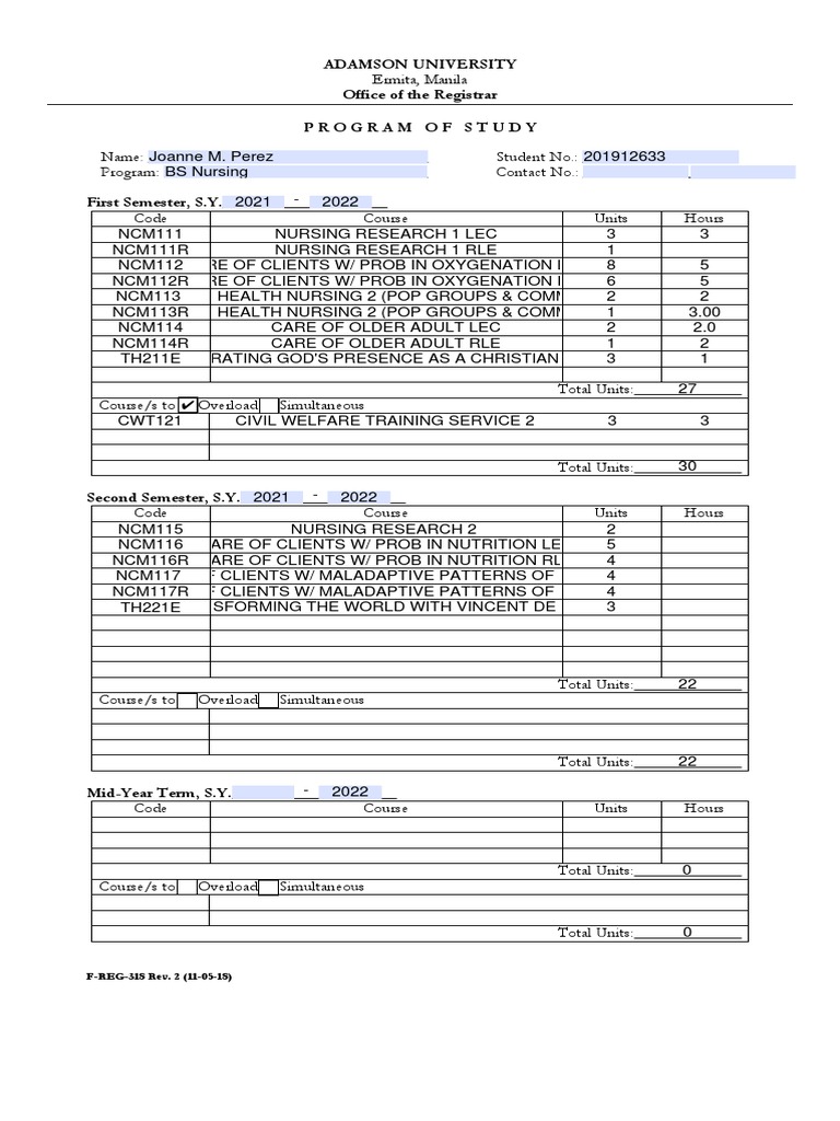 Adamson University Office of The Registrar Program of Study | PDF ...