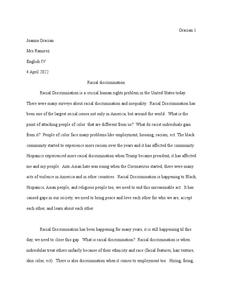 Racial Discrimination Essay | PDF | Discrimination | Discrimination ...