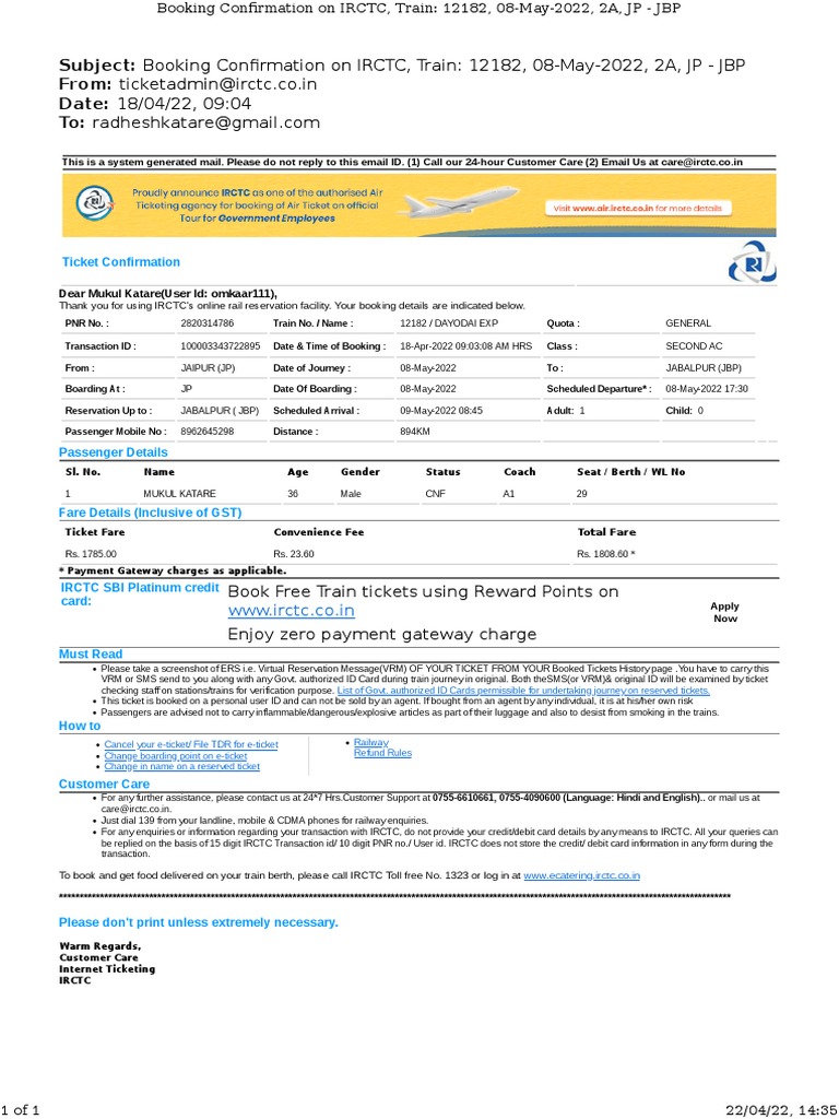 IRCTC Booking Confirmation: Train 12182 | PDF | Debit Card | Payments