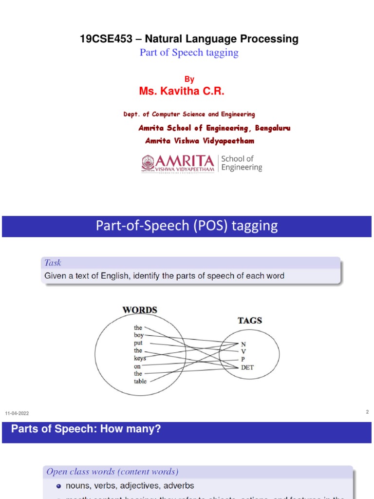 19CSE453 - Natural Language Processing: Part of Speech Tagging | PDF | Markov Chain | Part Of Speech