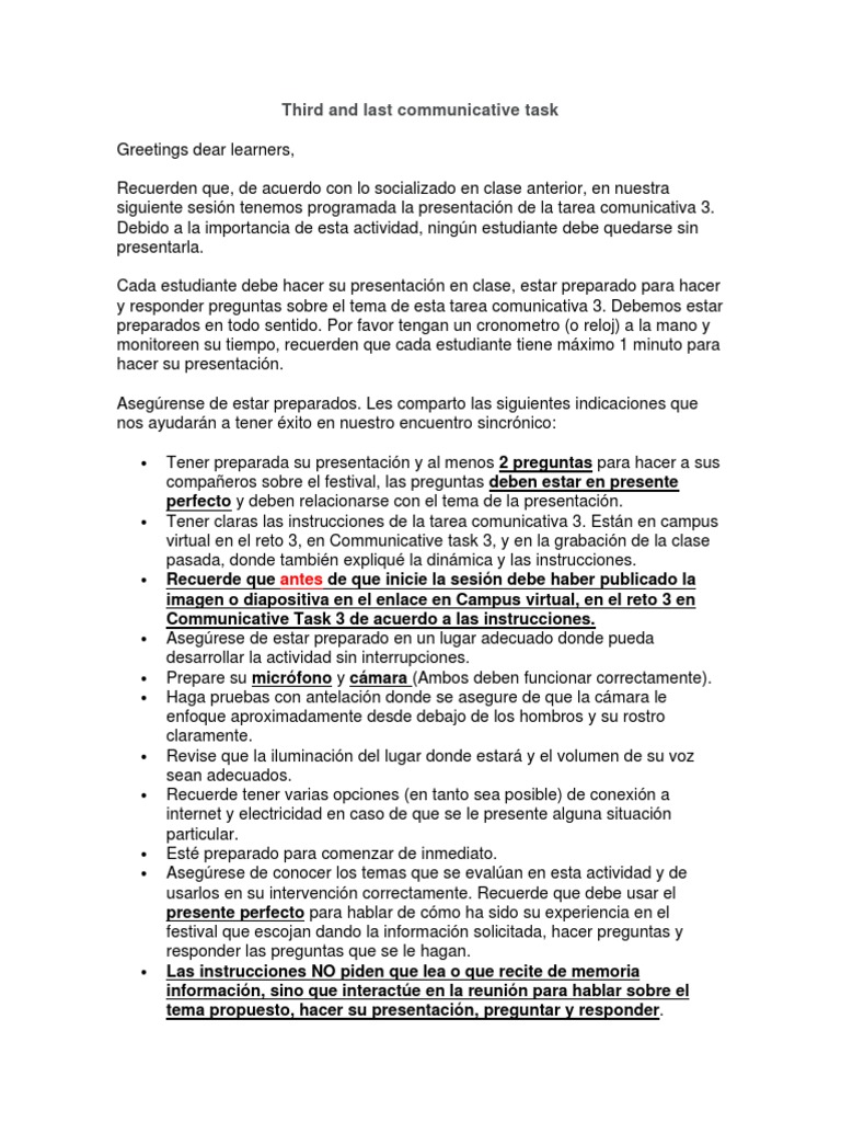 Reminder of The Third Communicative Task 2021 | PDF