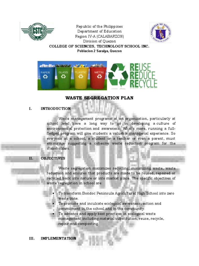 Waste Segregation Plan: College of Sciences, Technology School Inc | Download Free PDF | Waste ...