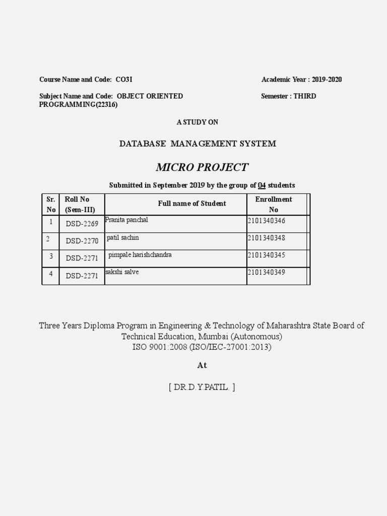 Diploma DBMS Micro Project | PDF