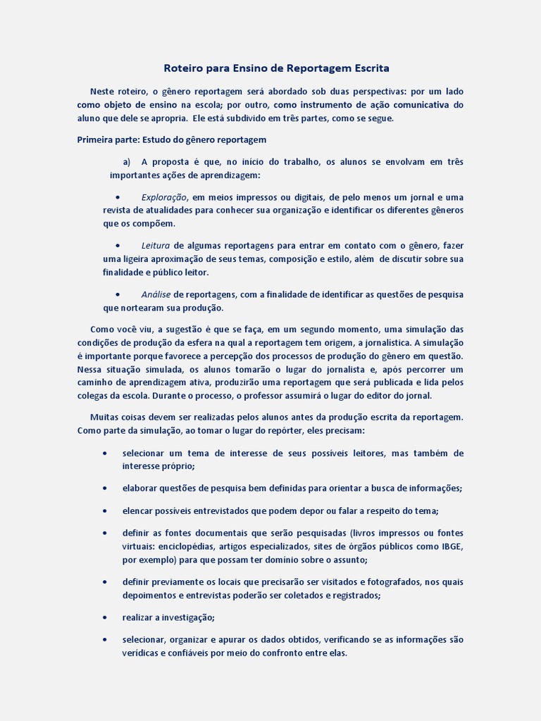Roteiro para Ensino de Reportagem Escritarevhelc3b4 | PDF | Entrevista ...